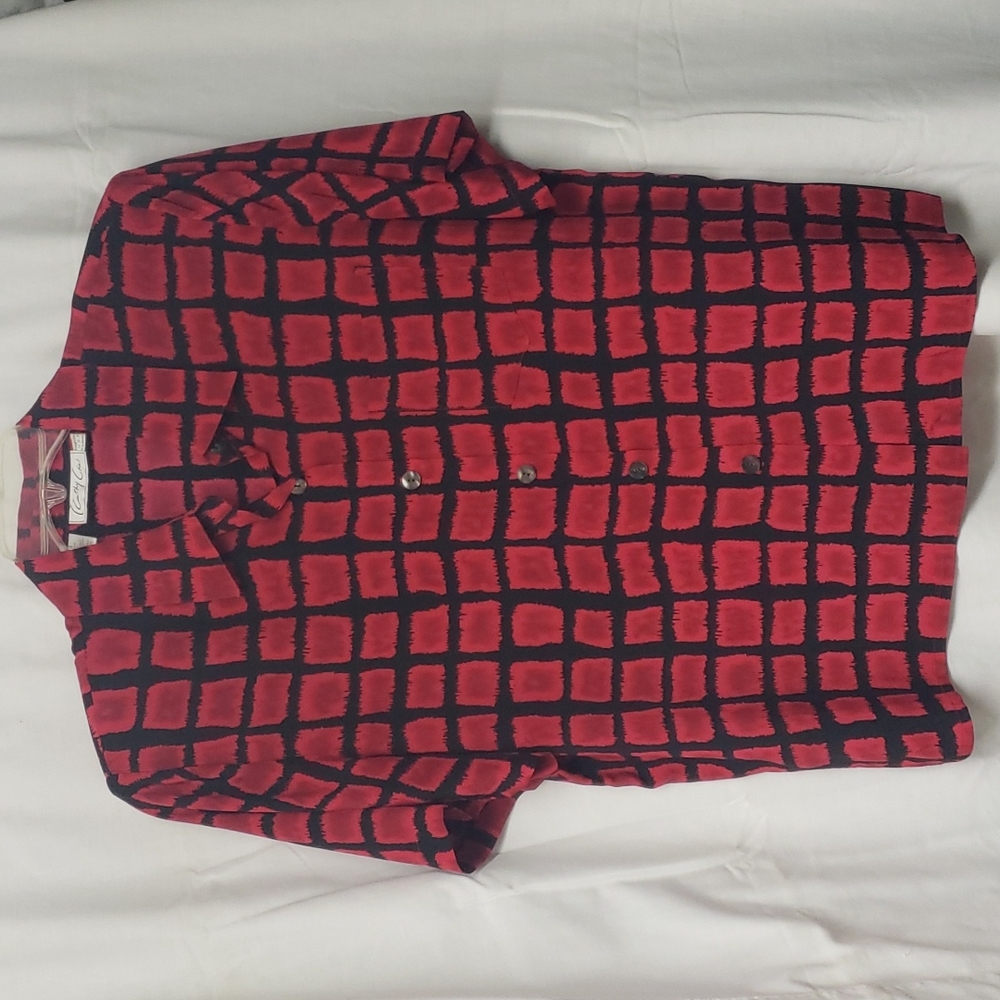 100% Silk 90s Red & Black Block Pattern Blouse Top Ka… - Gem